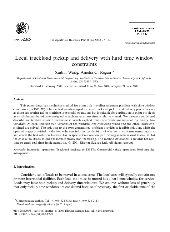 (PDF) Local truckload pickup and delivery with hard time window constraints