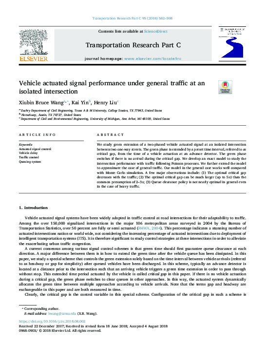 (PDF) Vehicle actuated signal performance under general traffic at an ...