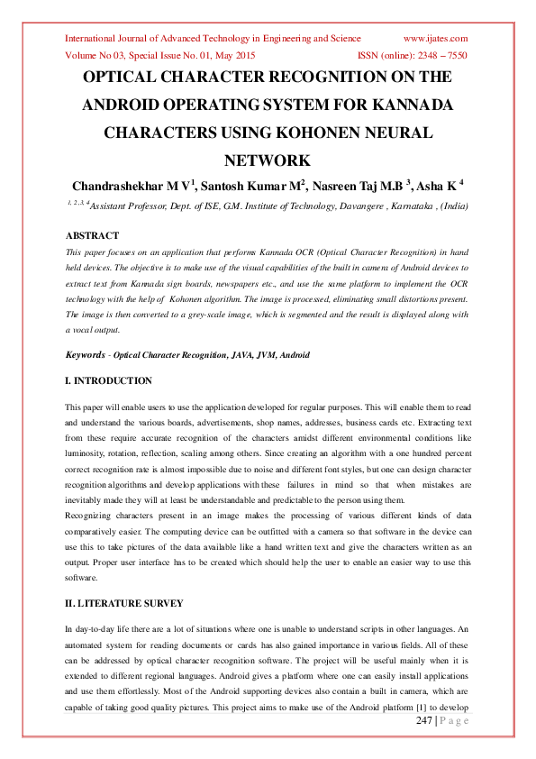 Pdf Optical Character Recognition On The Android Operating System For Kannada Characters Using