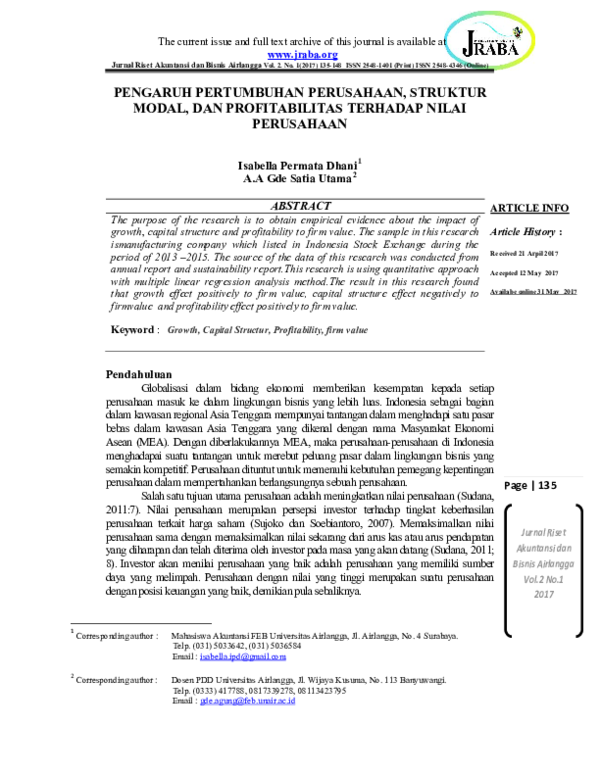 (PDF) Pengaruh Pertumbuhan Perusahaan, Struktur Modal, Dan Profitabilitas Terhadap Nilai Perusahaan