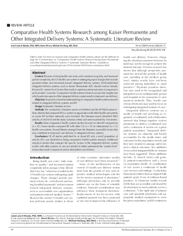 (PDF) Comparative health systems research among Kaiser Permanente and ...