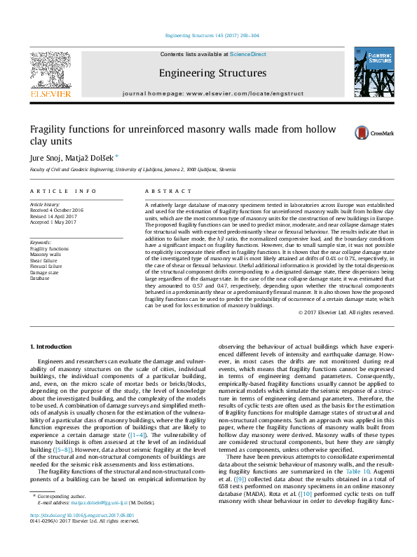 (PDF) Fragility functions for unreinforced masonry walls made from hollow clay units | Sepehr ...