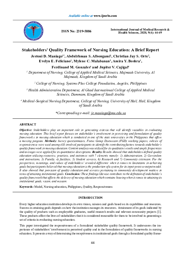 (PDF) Stakeholders’ Quality Framework of Nursing Education: A Brief Report