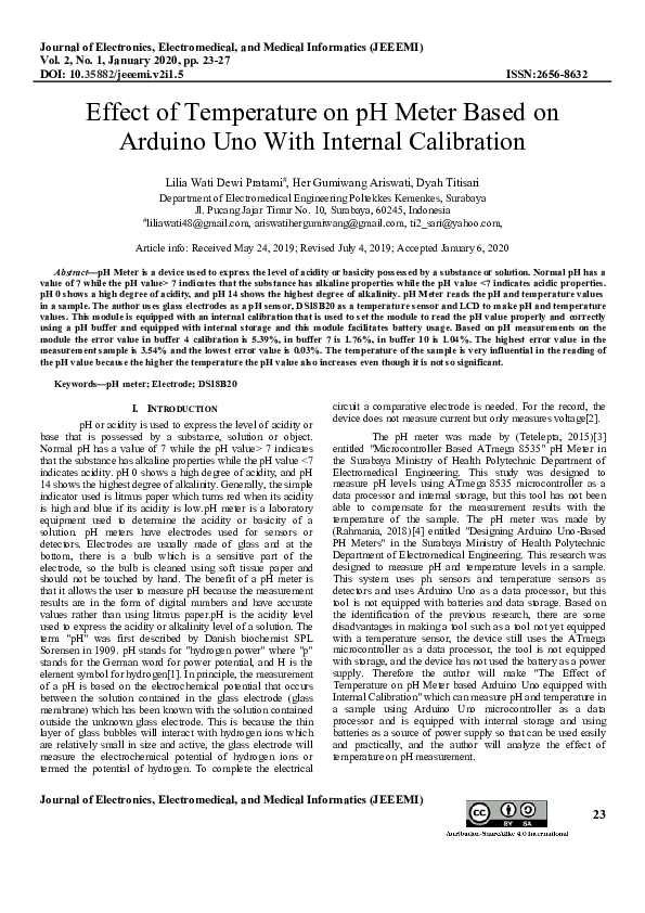 (PDF) Effect of Temperature on pH Meter Based on Arduino Uno With Internal Calibration