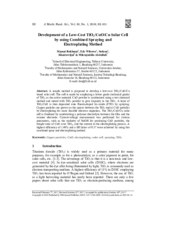 (PDF) Development of a Low-Cost TiO2/CuO/Cu Solar Cell by using ...