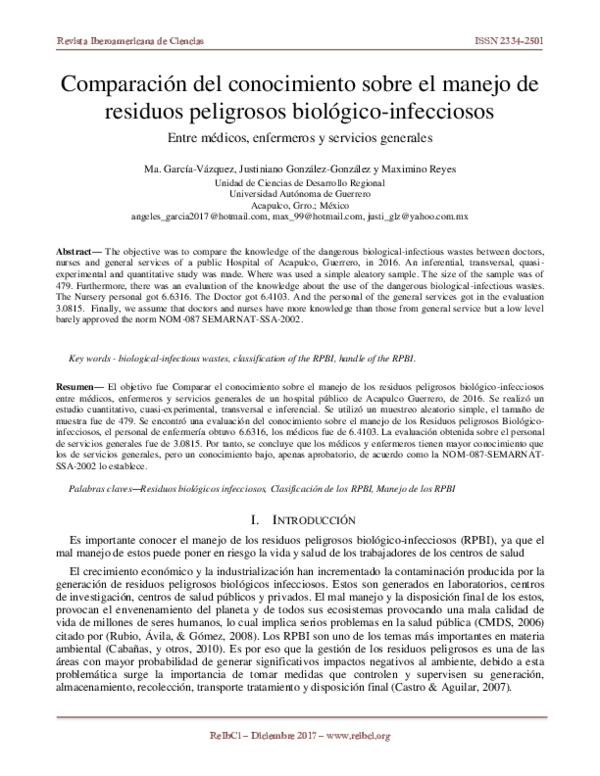 (PDF) Comparación del conocimiento sobre el manejo de residuos peligrosos biológico-infecciosos ...