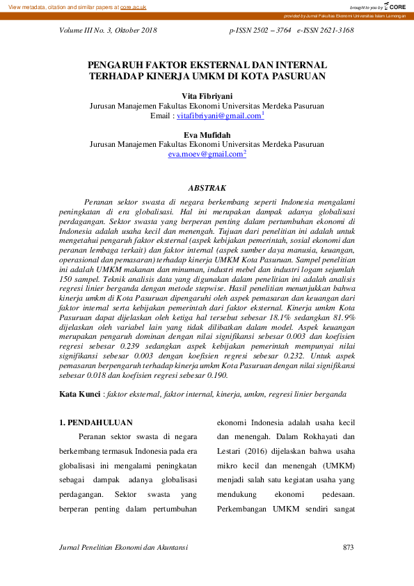 (PDF) Pengaruh Faktor Eksternal Dan Internal Terhadap Kinerja Umkm DI Kota Pasuruan