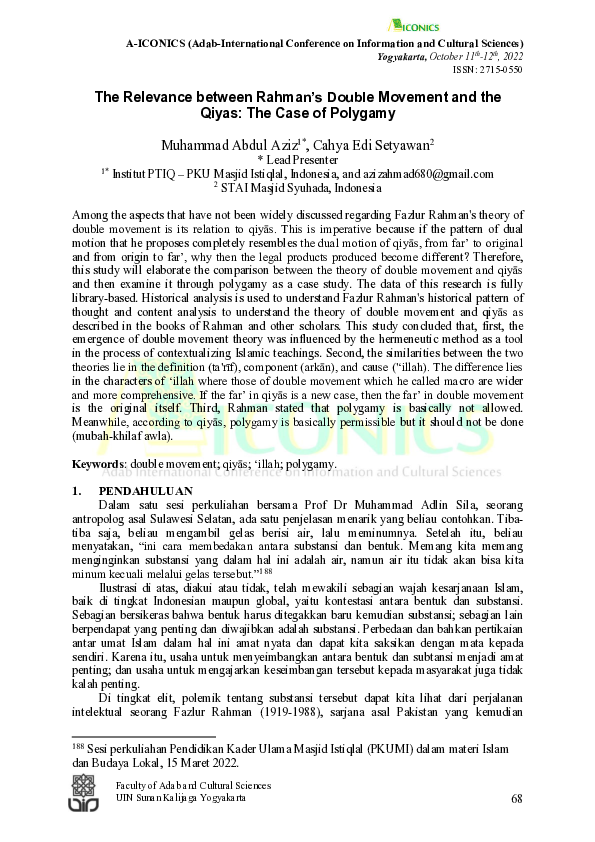 (PDF) Hubungan antara Teori Double Movement Fazlur Rahman dan Qiyas: Studi Kasus Poligami ...
