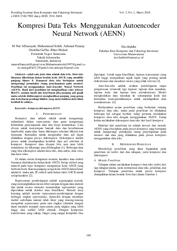 (PDF) Kompresi Data Teks Menggunakan Autoencoder Neural Network (AENN) (PDF) Kompresi Data Teks Menggunakan Autoencoder Neural Network (AENN)