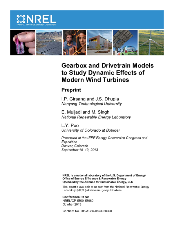 (PDF) Gearbox and Drivetrain Models to Study Dynamic Effects of Modern Wind Turbines