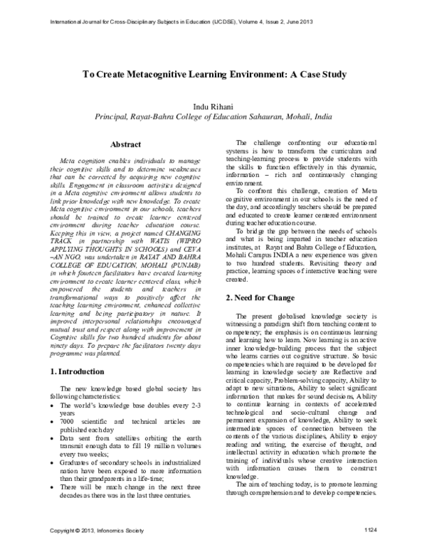 (PDF) To Create Metacognitive Learning Environment: A Case Study