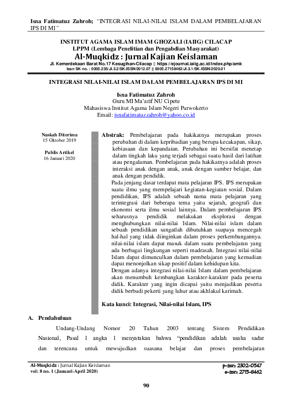 (PDF) Integrasi Nilai-Nilai Islam Dalam Pembelajaran Ips DI MI