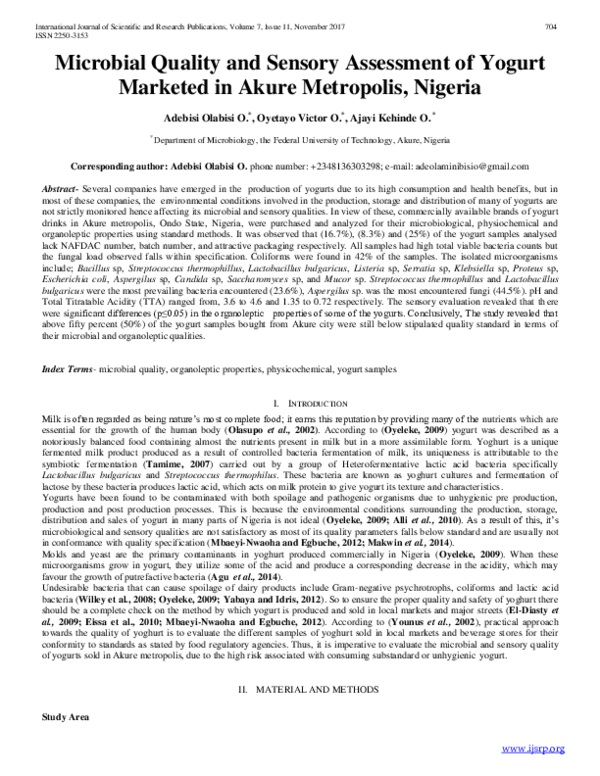 (PDF) Microbial Quality and Sensory Assessment of Yogurt Marketed in Akure Metropolis, Nigeria