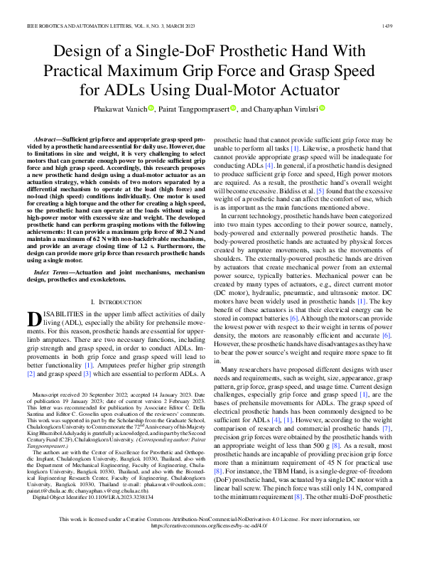 (PDF) Design of a Single-DoF Prosthetic Hand With Practical Maximum ...