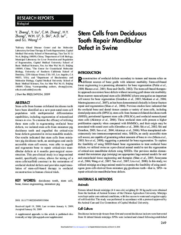 (PDF) Stem Cells from Deciduous Tooth Repair Mandibular Defect in Swine