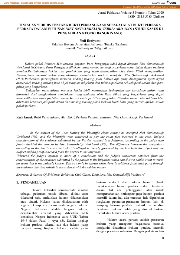 (PDF) Tinjauan Yuridis Tentang Bukti Persangkaan Sebagai Alat Bukti Perkara Perdata Dalam ...