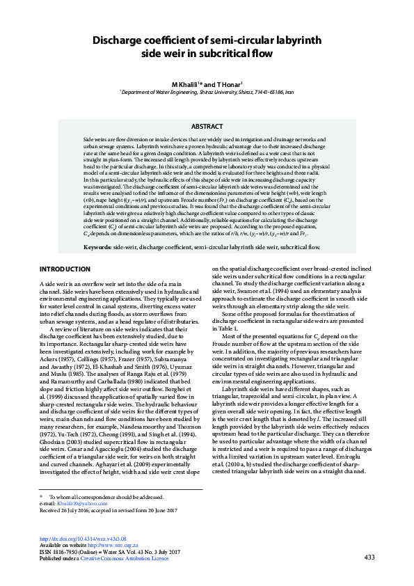(PDF) Discharge coefficient of semi-circular labyrinth side weir in subcritical flow