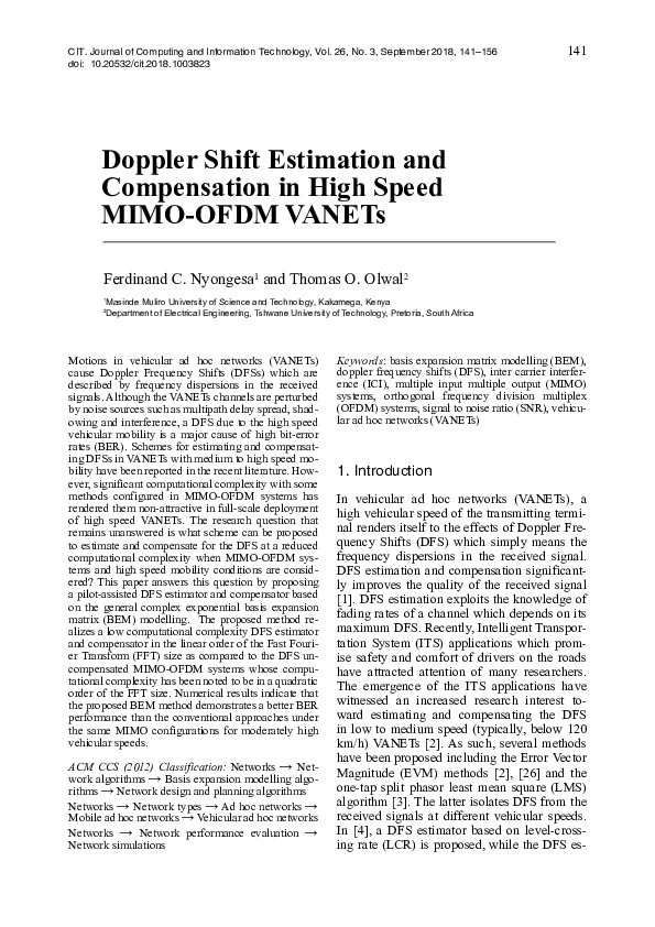 Pdf Doppler Shift Estimation And Compensation In High Speed Mimo Ofdm Vanets