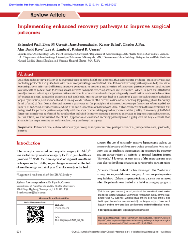 (PDF) Implementing enhanced recovery pathways to improve surgical outcomes