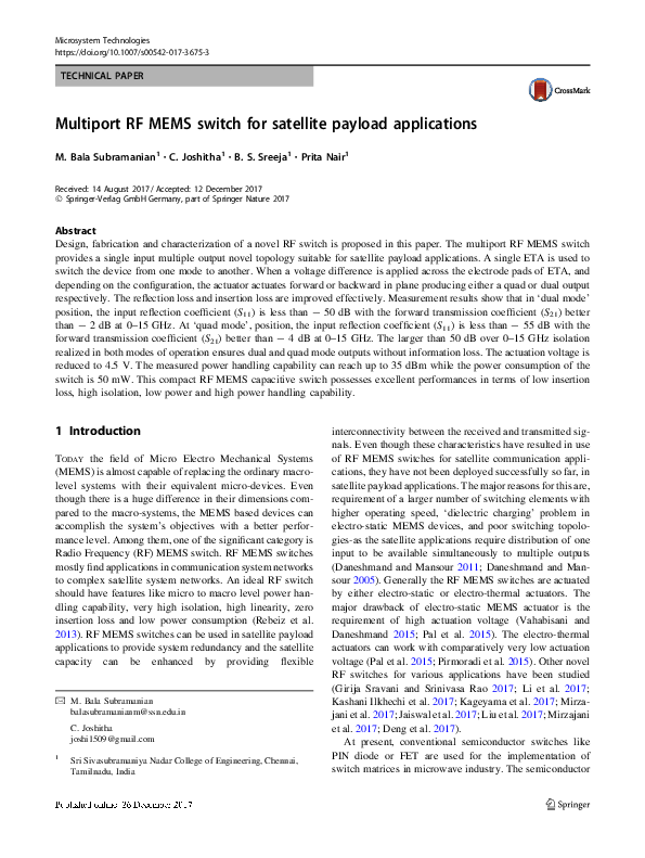(PDF) Multiport RF MEMS switch for satellite payload applications