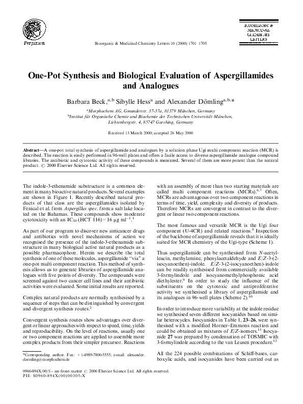 (PDF) One-pot synthesis and biological evaluation of aspergillamides ...