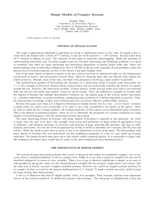 (PDF) Simple Models of Complex Systems