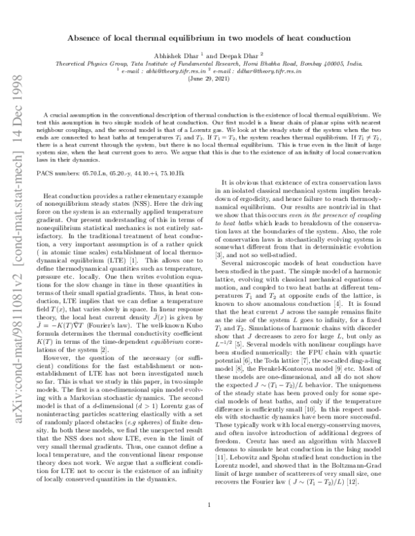 (PDF) Absence of Local Thermal Equilibrium in Two Models of Heat Conduction