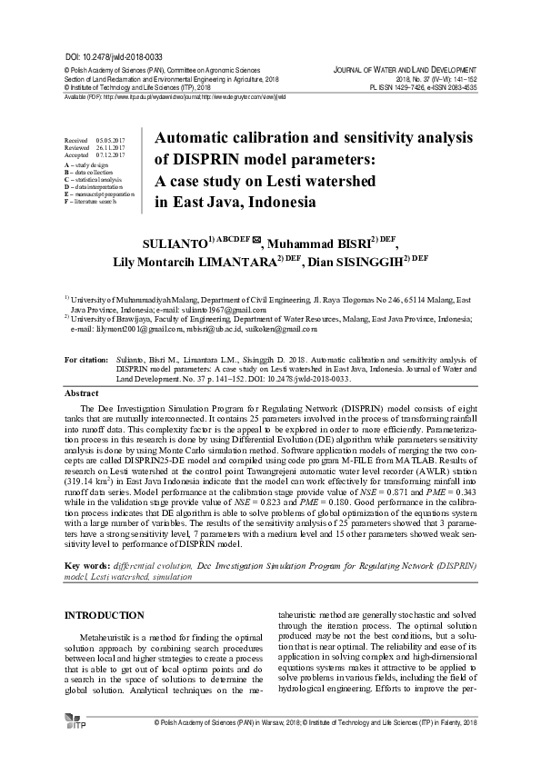 (PDF) Automatic calibration and sensitivity analysis of DISPRIN model ...