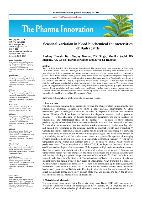 (PDF) Seasonal variation in blood biochemical characteristics of Badri ...