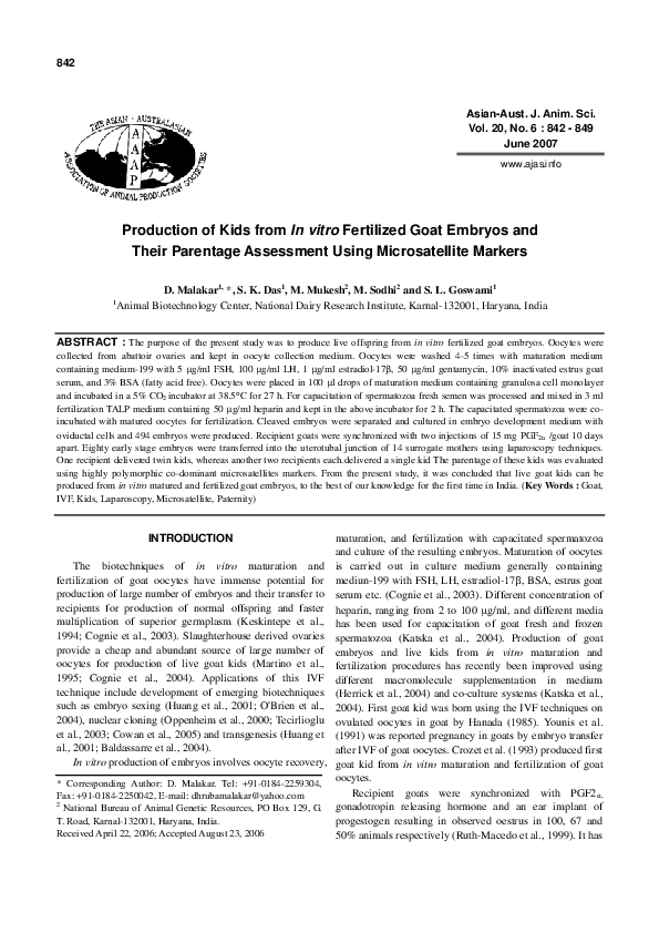(PDF) Production of Kids from In vitro Fertilized Goat Embryos and ...