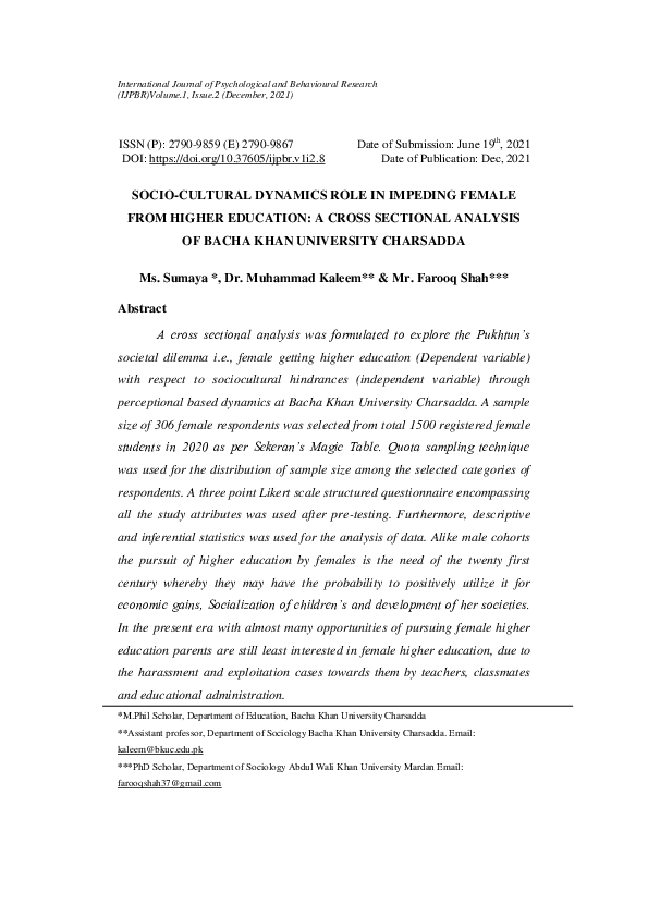 (PDF) SOCIO-CULTURAL DYNAMICS ROLE IN IMPEDING FEMALE FROM HIGHER ...