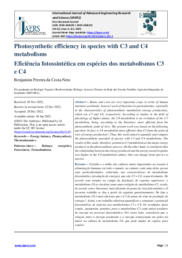 Photosynthetic efficiency in species with C3 and C4 metabolisms ...