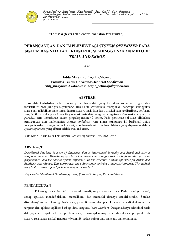 Pdf Perancangan Dan Implementasi System Optimizer Pada Sistem Basis Data Terdistribusi
