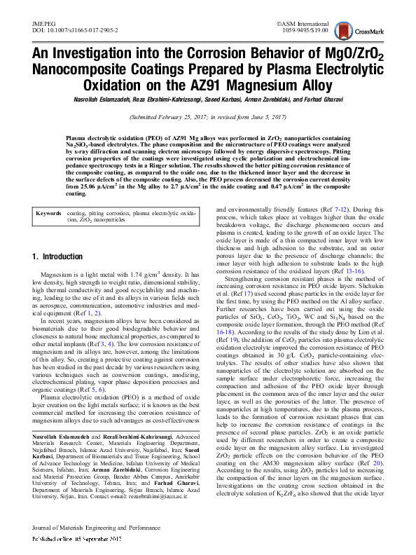 (PDF) An Investigation into the Corrosion Behavior of MgO/ZrO2 Nanocomposite Coatings Prepared ...