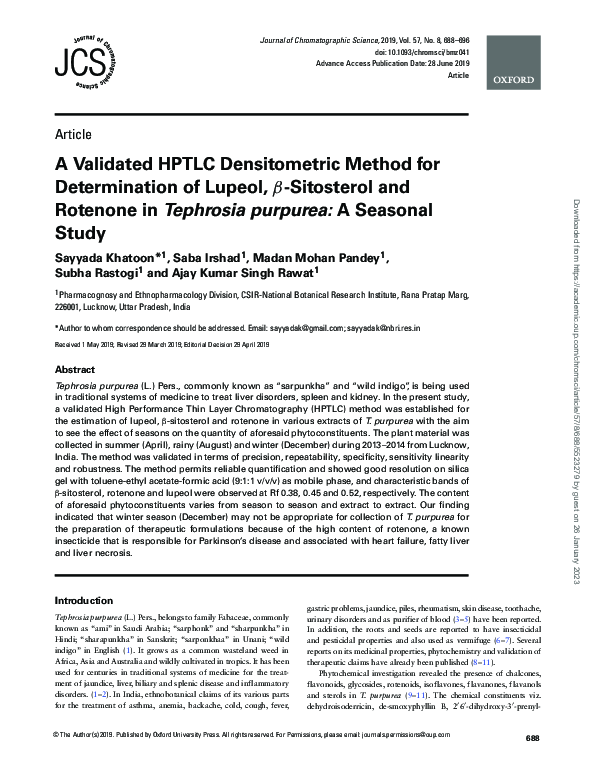 (PDF) A Validated HPTLC Densitometric Method for Determination of Lupeol, β-Sitosterol and ...