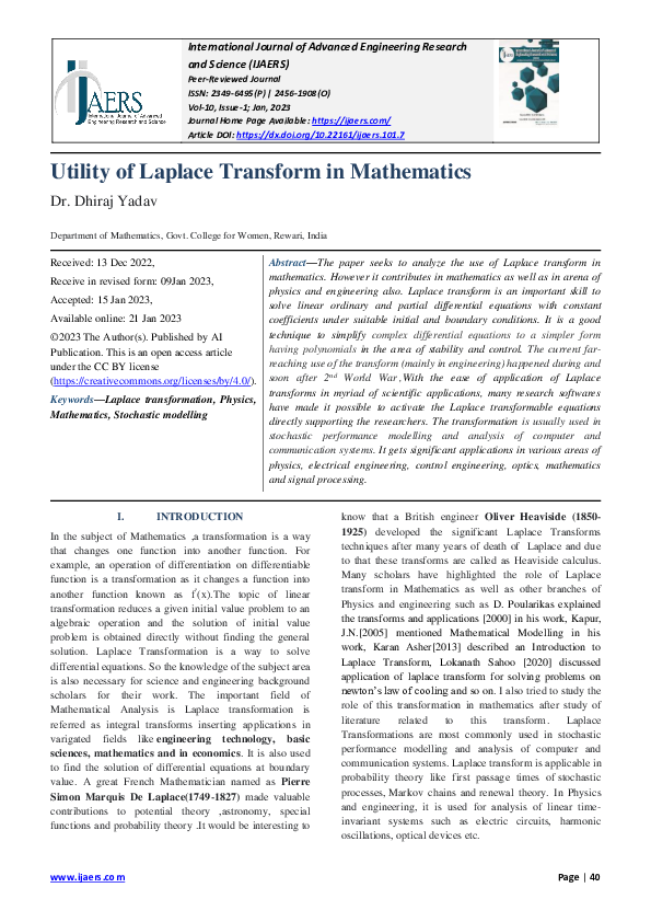 (PDF) Utility of Laplace Transform in Mathematics
