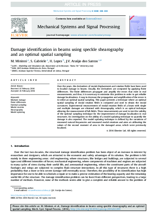 (PDF) Damage identification in beams using speckle shearography and an optimal spatial sampling