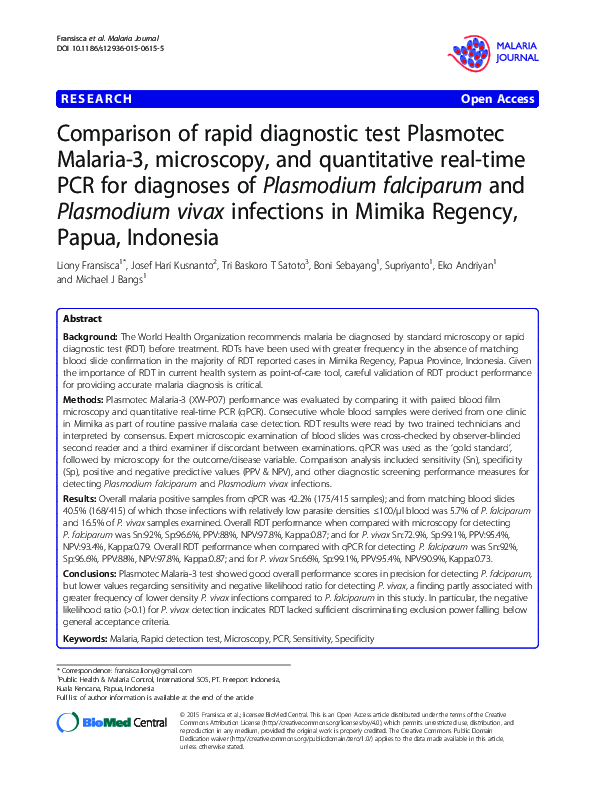 (PDF) Comparison of rapid diagnostic test Plasmotec Malaria-3 ...