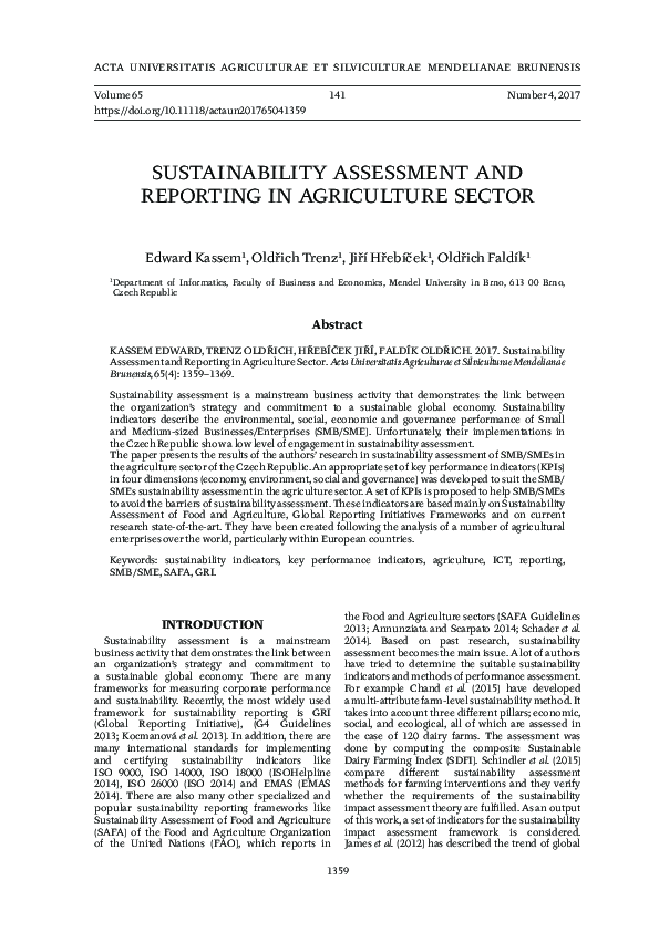 Sustainability Assessment and Reporting in Agriculture Sector