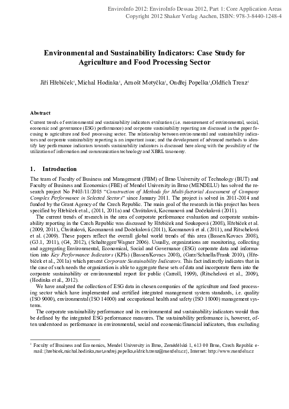 (PDF) Environmental and Sustainability Indicators: Case Study for ...