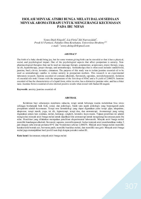 (PDF) Isolasi Minyak Atsiri Bunga Melati Dalam Sediaan Minyak ...
