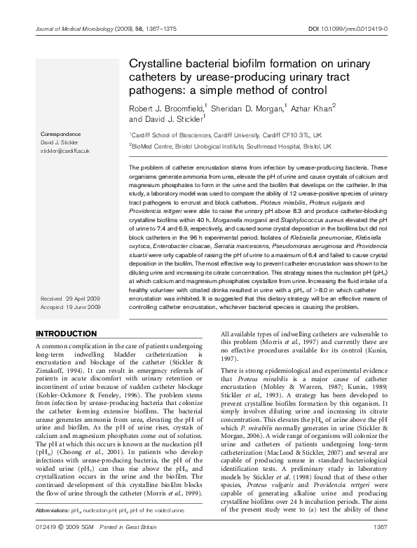 (PDF) Crystalline bacterial biofilm formation on urinary catheters by ...