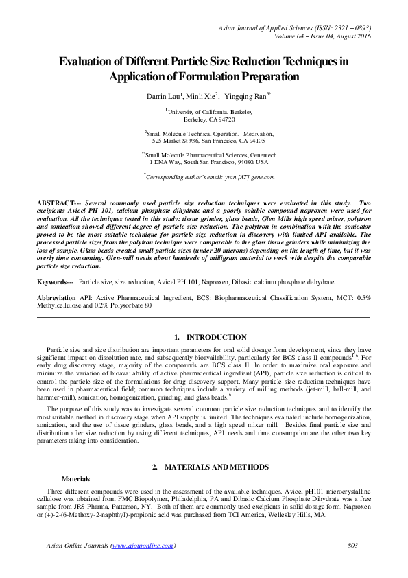 (PDF) Evaluation of Different Particle Size Reduction Techniques in Application of Formulation ...