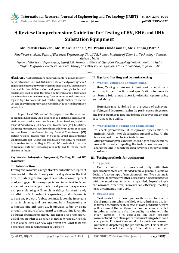 (PDF) A Review Comprehension: Guideline for Testing of HV, EHV and UHV ...