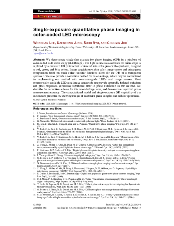 Pdf Single Exposure Quantitative Phase Imaging In Color Coded Led Microscopy