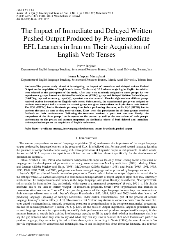 (PDF) The Impact of Immediate and Delayed Written Pushed Output Produced by Pre-intermediate EFL ...