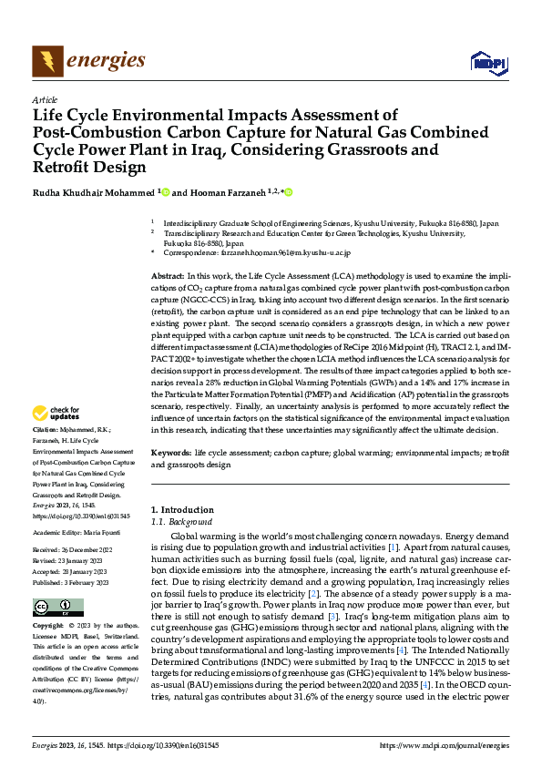 Pdf Life Cycle Environmental Impacts Assessment Of Post Combustion Carbon Capture For Natural