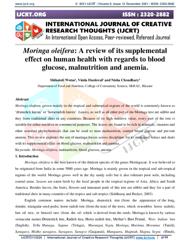 (PDF) Moringa oleifera: A review of its supplemental effect on human health with regards to ...