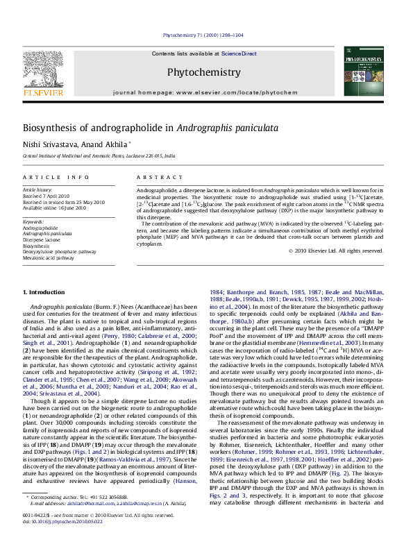 (PDF) Biosynthesis of andrographolide in Andrographis paniculata | Nishi Srivastava - Academia.edu