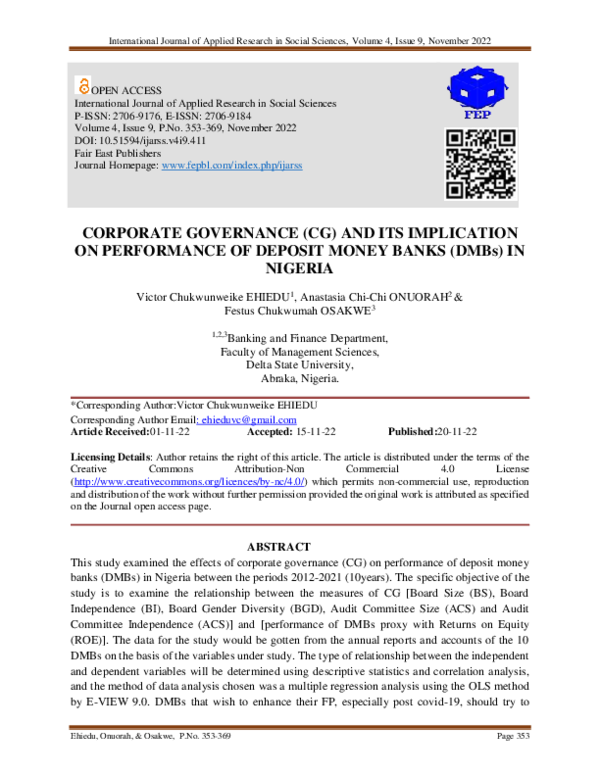 (PDF) CORPORATE GOVERNANCE (CG) AND ITS IMPLICATION ON PERFORMANCE OF DEPOSIT MONEY BANKS (DMBs ...